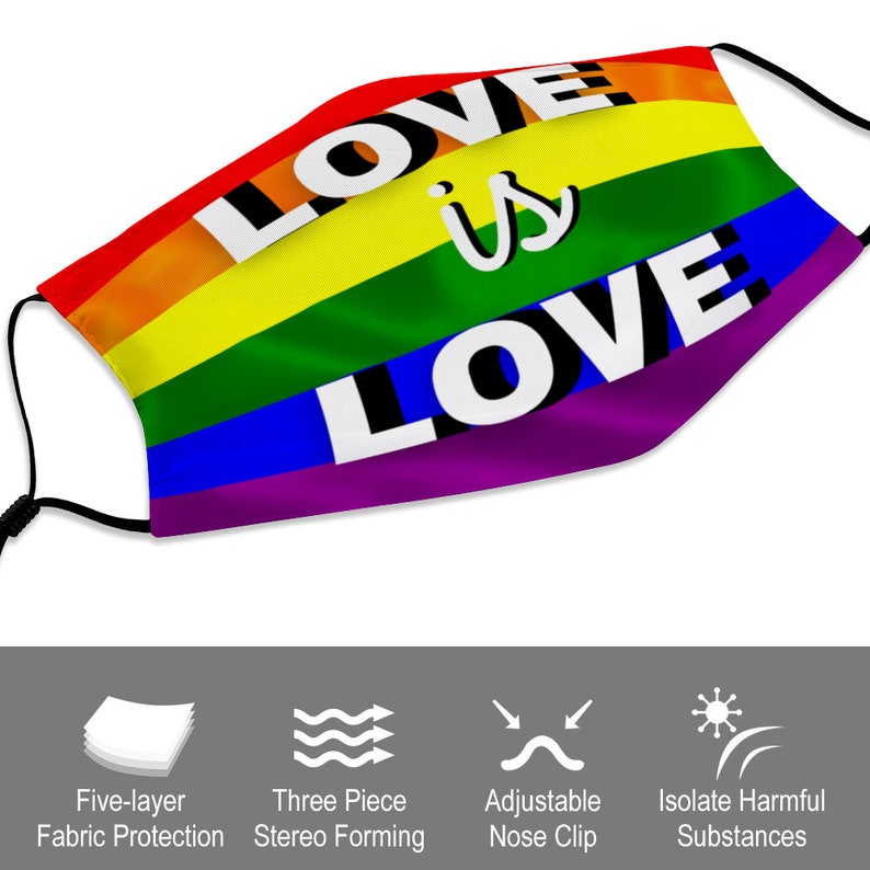 LGBTQIA Love is Love Rainbow Flag Cloth Face Mask With 2 Replaceable ...