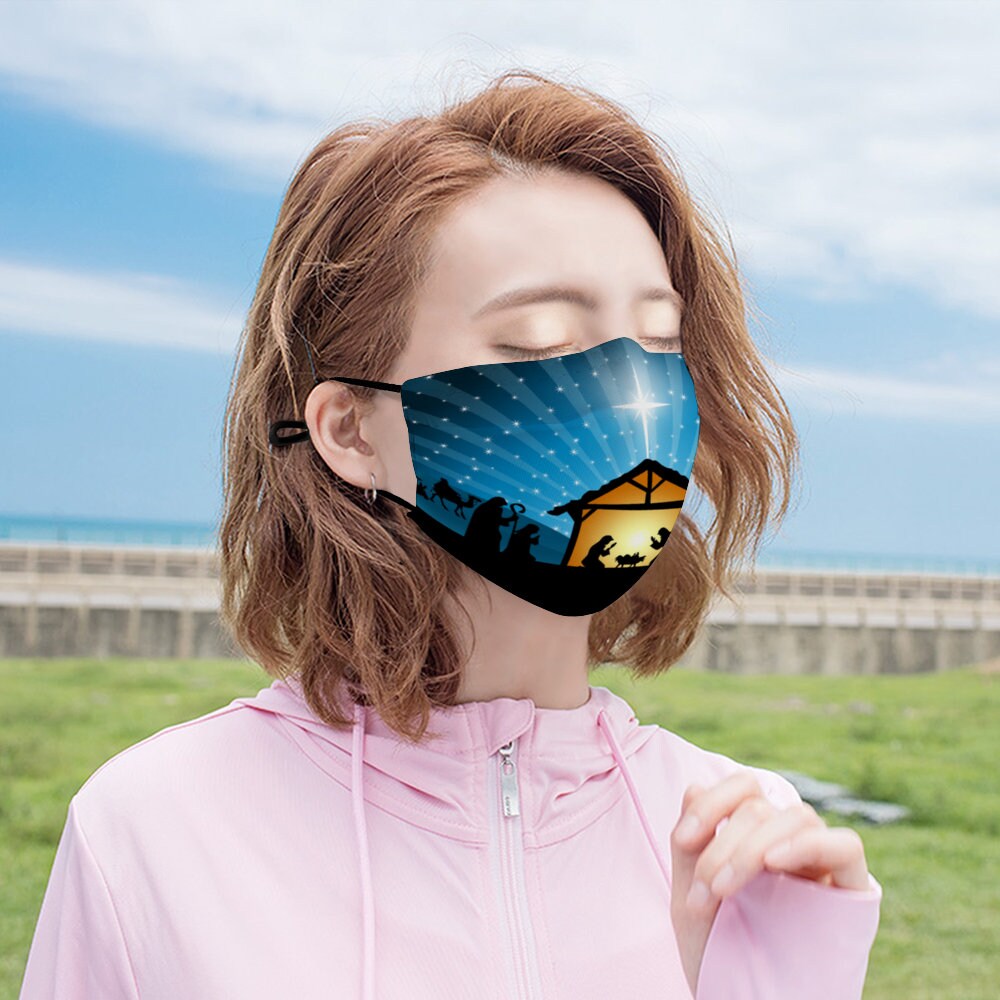 Baby Jesus First Christmas Manger Nativity Holiday Cloth Face Mask W/ 2 ...