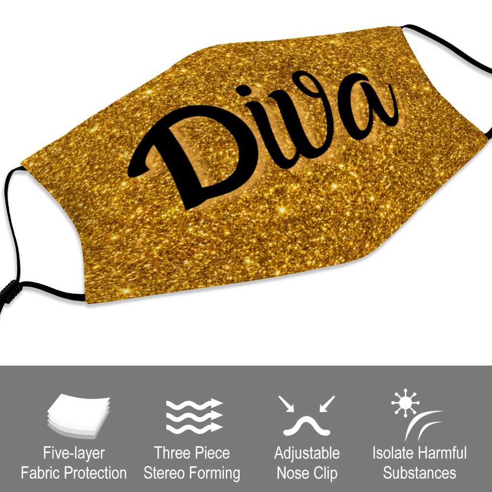 Diva Gold Glitter Background Black Sassy HBIC Cloth Face Mask With 2 ...