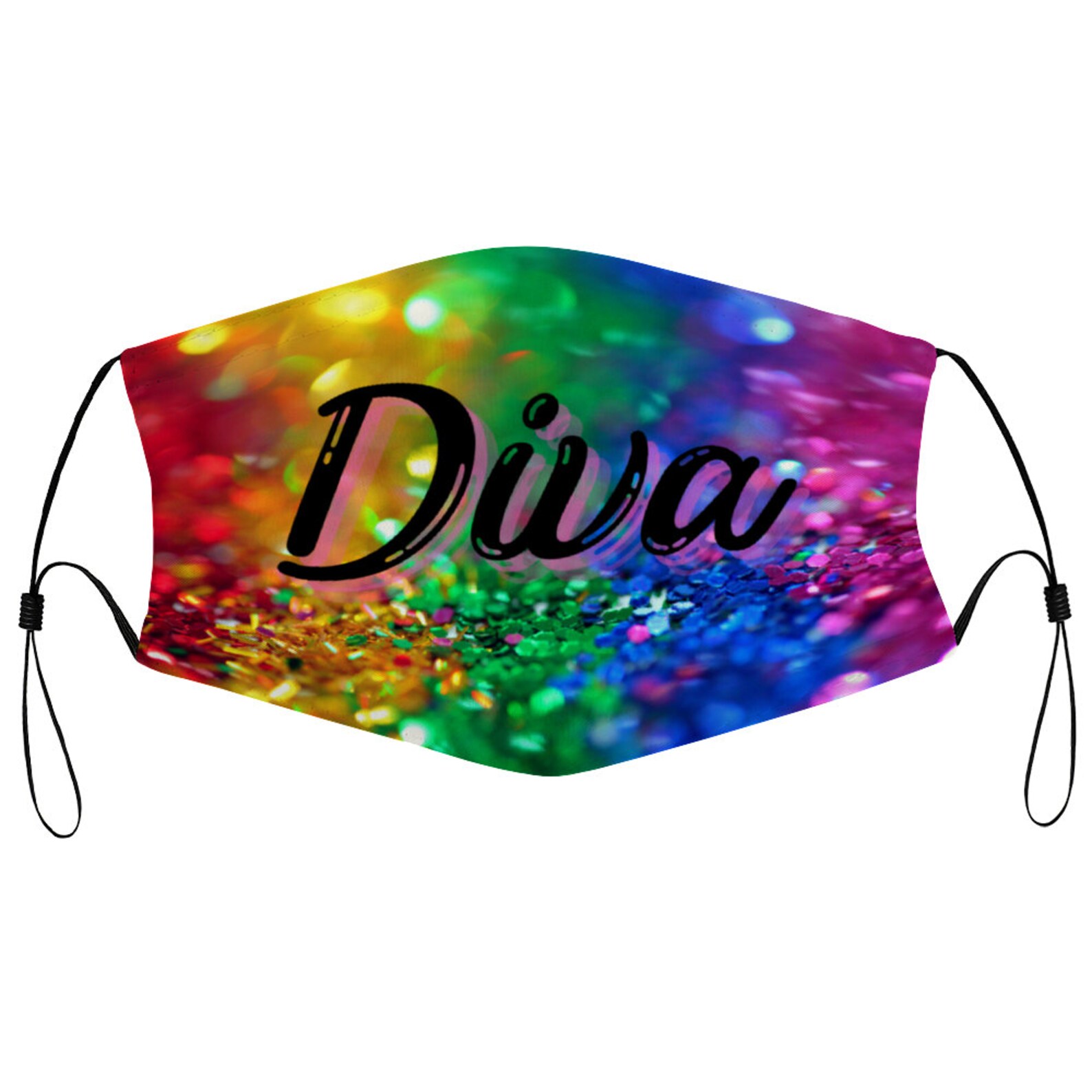 Diva Rainbow Glitter Background Black Sassy HBIC Cloth Face Mask With 2 ...