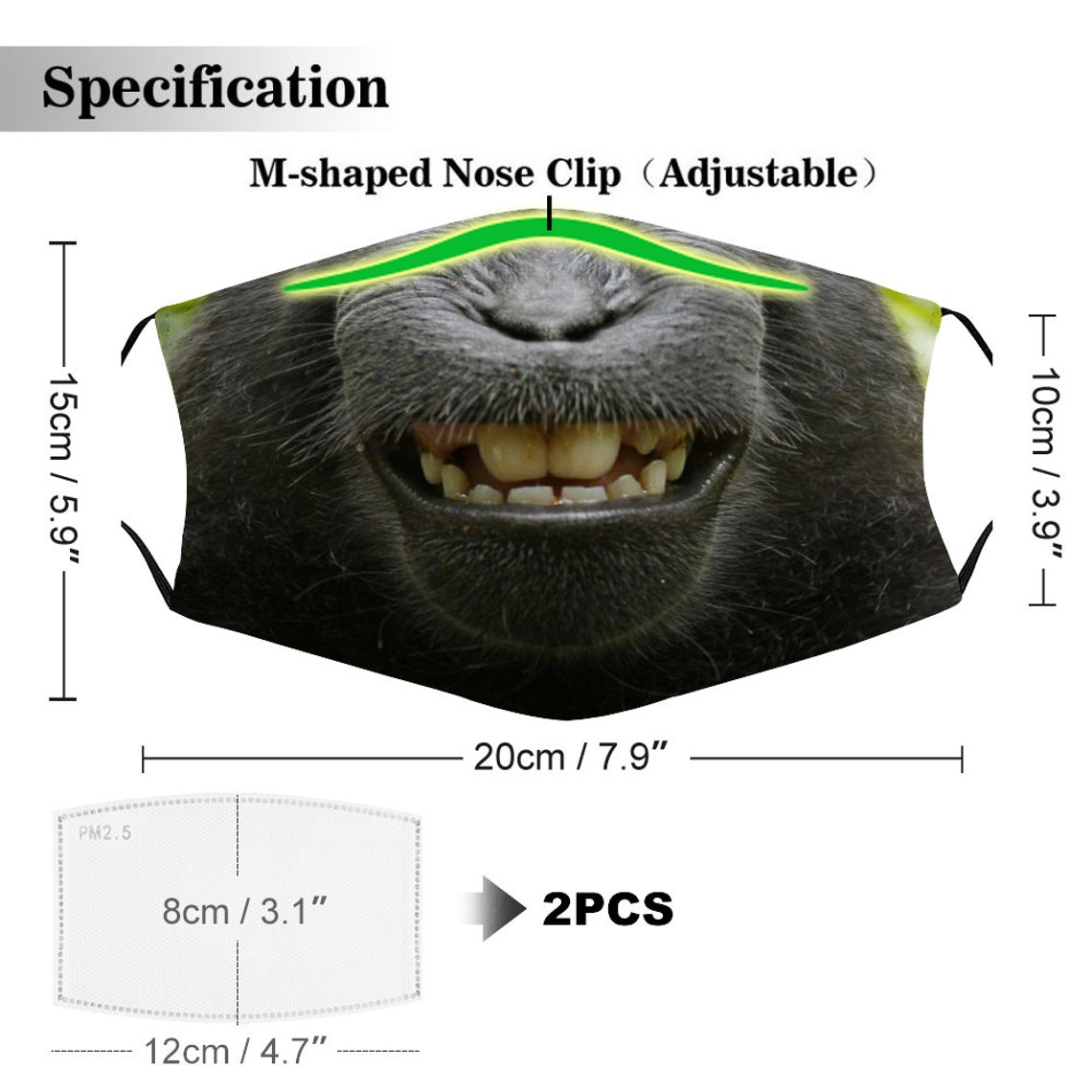 Laughing Monkey Smiling Animal Mouth Black Cloth Face Mask With 2 ...