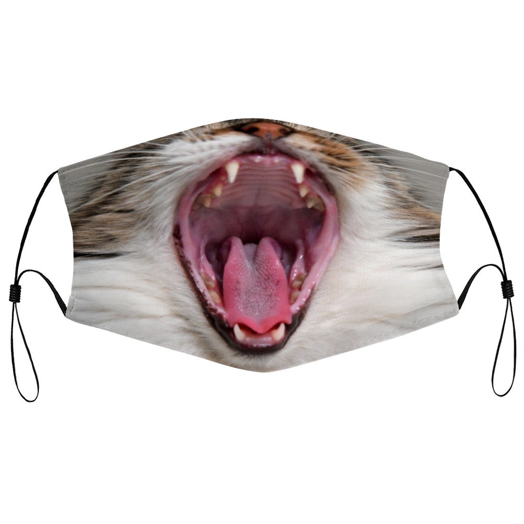 Yawning Brown White Tabby Cat Open Mouth Kitty Cloth Face Mask W/ 2 ...