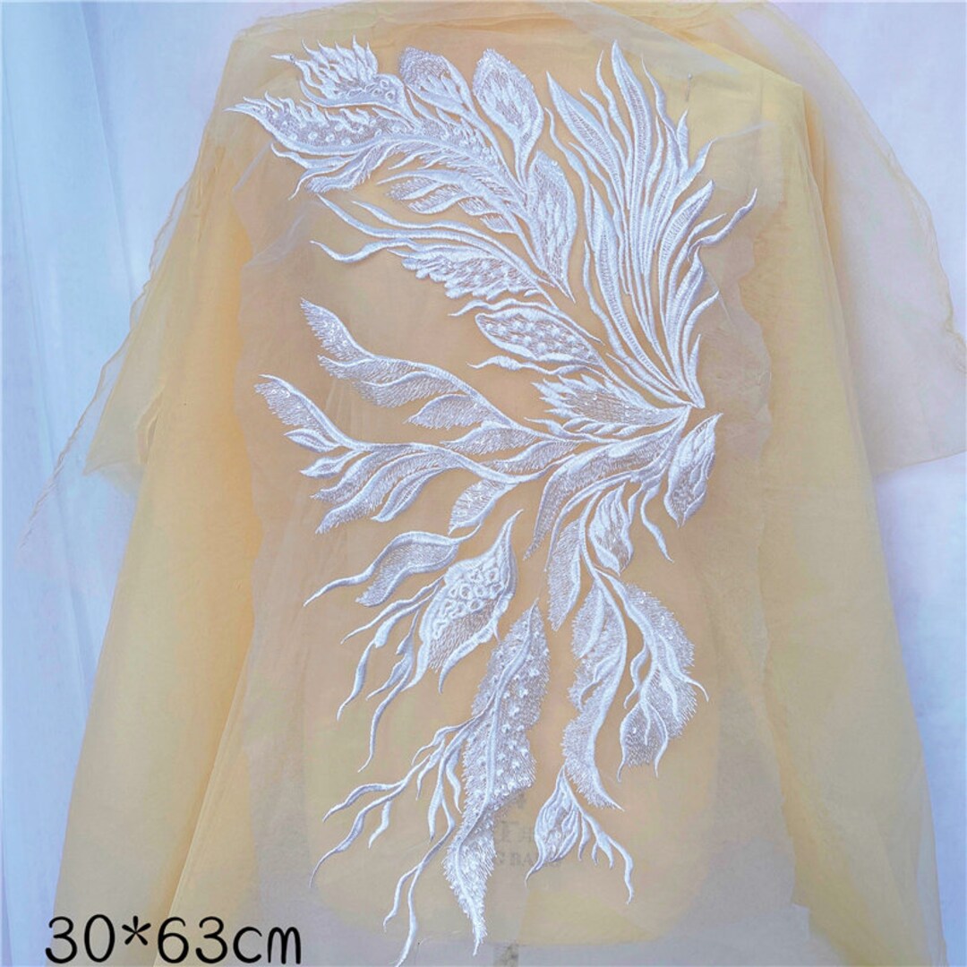 Large off White Leaf Embroidered Bridal Lace Applique Sequins Lace ...