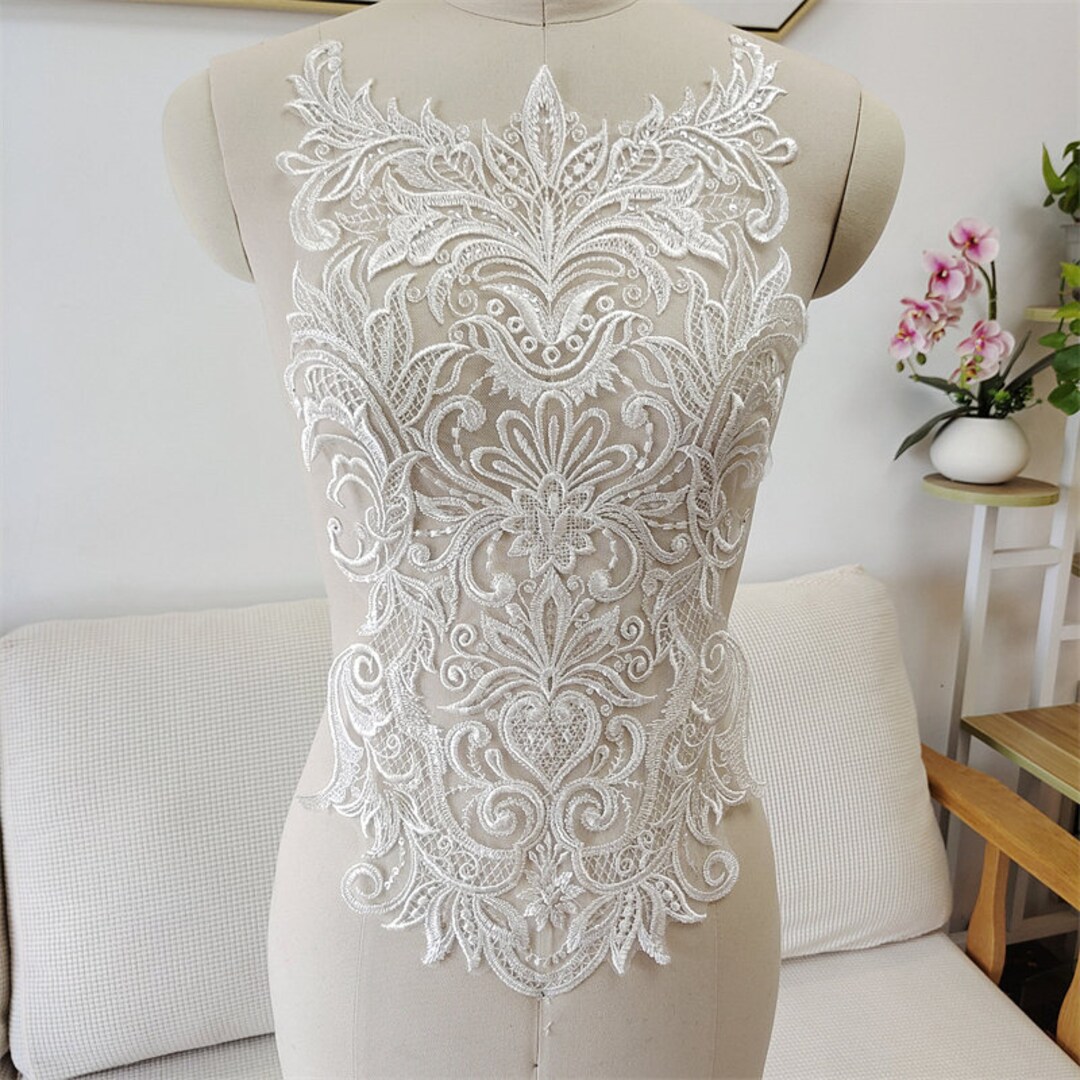 Large Elegant Bodice Embroidered Ivory Bridal Lace Applique With ...