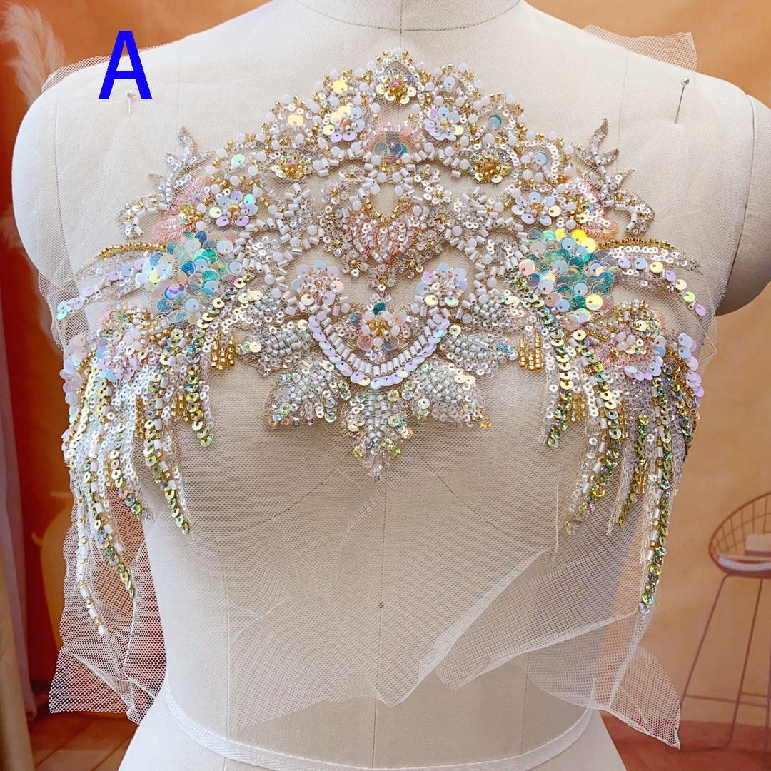 Sparkling Bling Champagne Gold Dream Sequin Applique Motif Beaded Lace ...