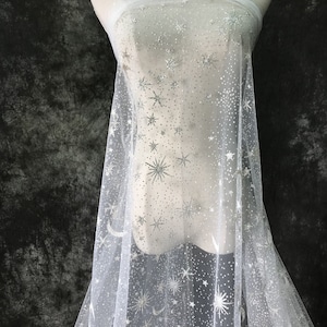 Glitter Print Silver Moon Star Lace Bridal Fabric Soft Lace Fabric Sold ...