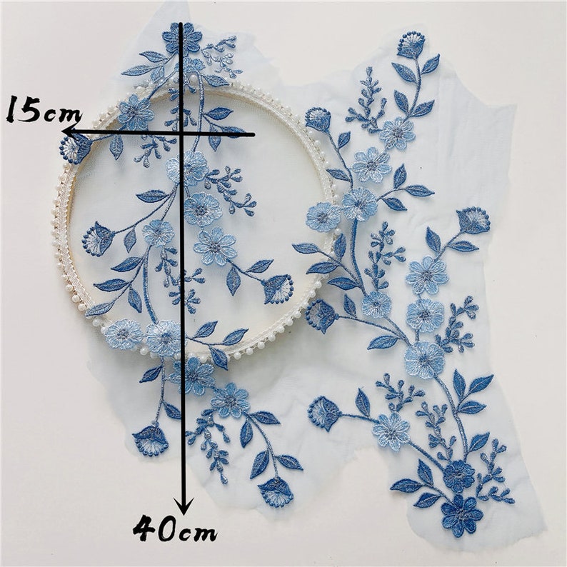 Blue Flower Embroidery Lace Applique Flower Blue Vine Patch Embroidery ...