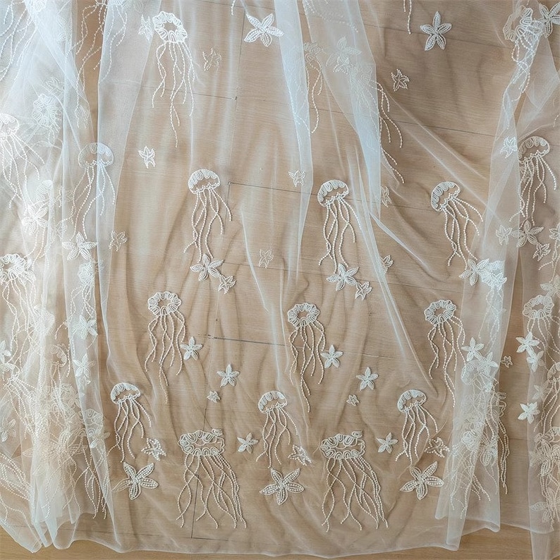 Beaded Jellyfish Embroidery Lace Fabric Ivory Starfish Jellyfish Lace ...