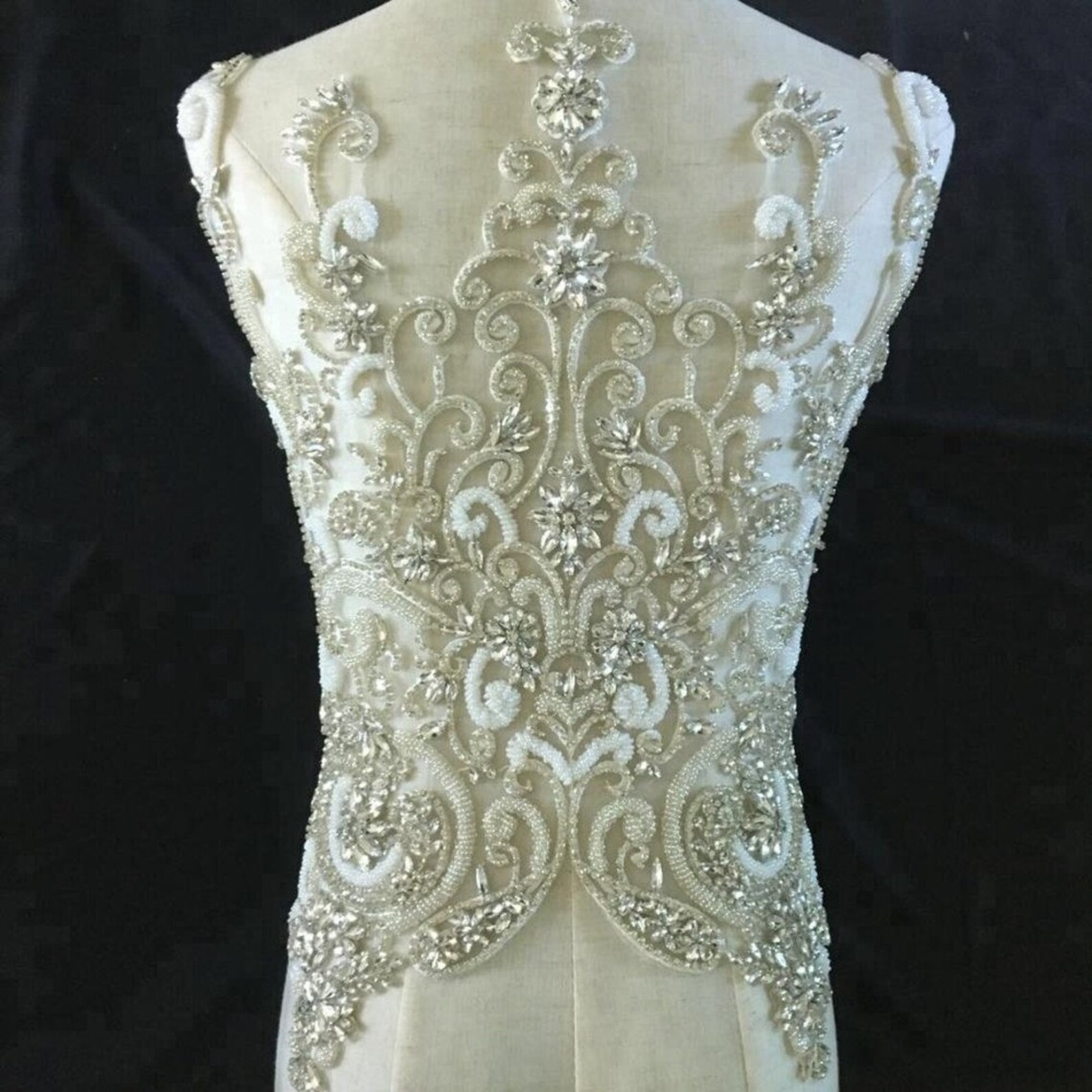 Large Bodice Elegant Rhinestone Flower Lace Applique Heavy Crystal ...