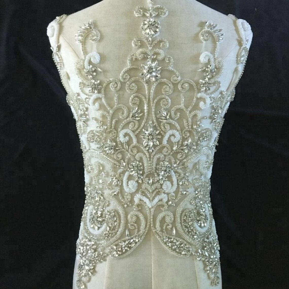 Large Bodice Elegant Rhinestone Flower Lace Applique Heavy - Etsy