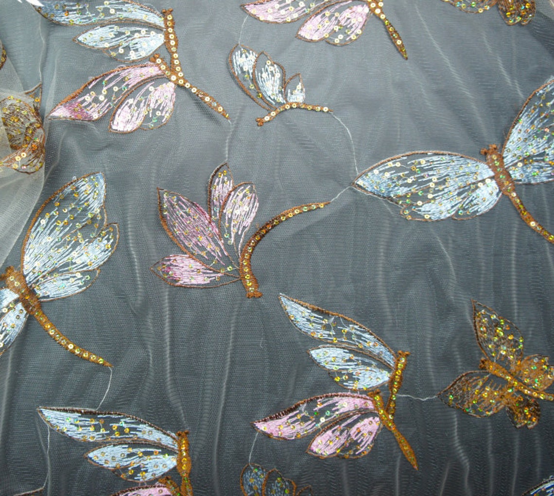 Sequin Lace Fabric Dragonfly Embroidery Lace Mesh Lace Fabric Unique ...