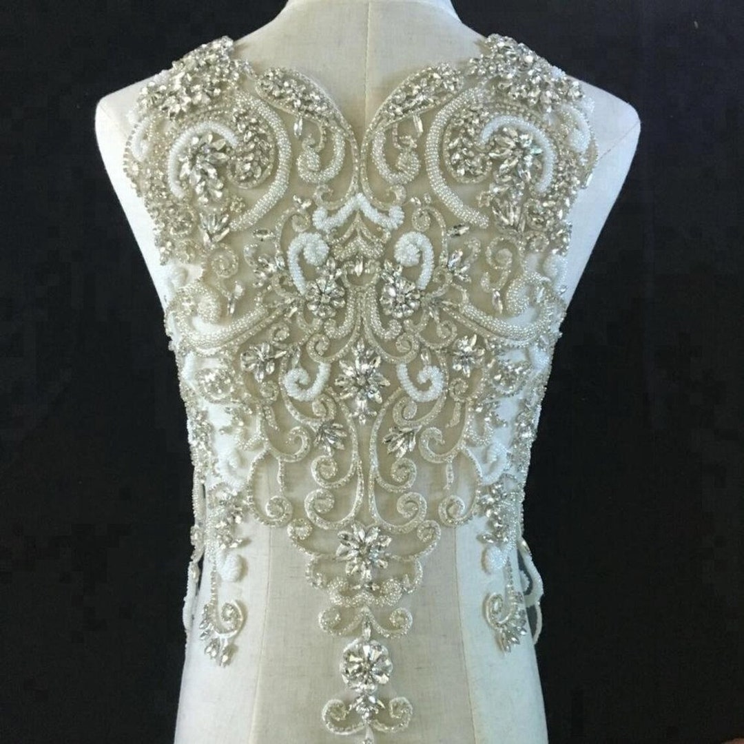 Large Bodice Elegant Rhinestone Flower Lace Applique Heavy Crystal ...