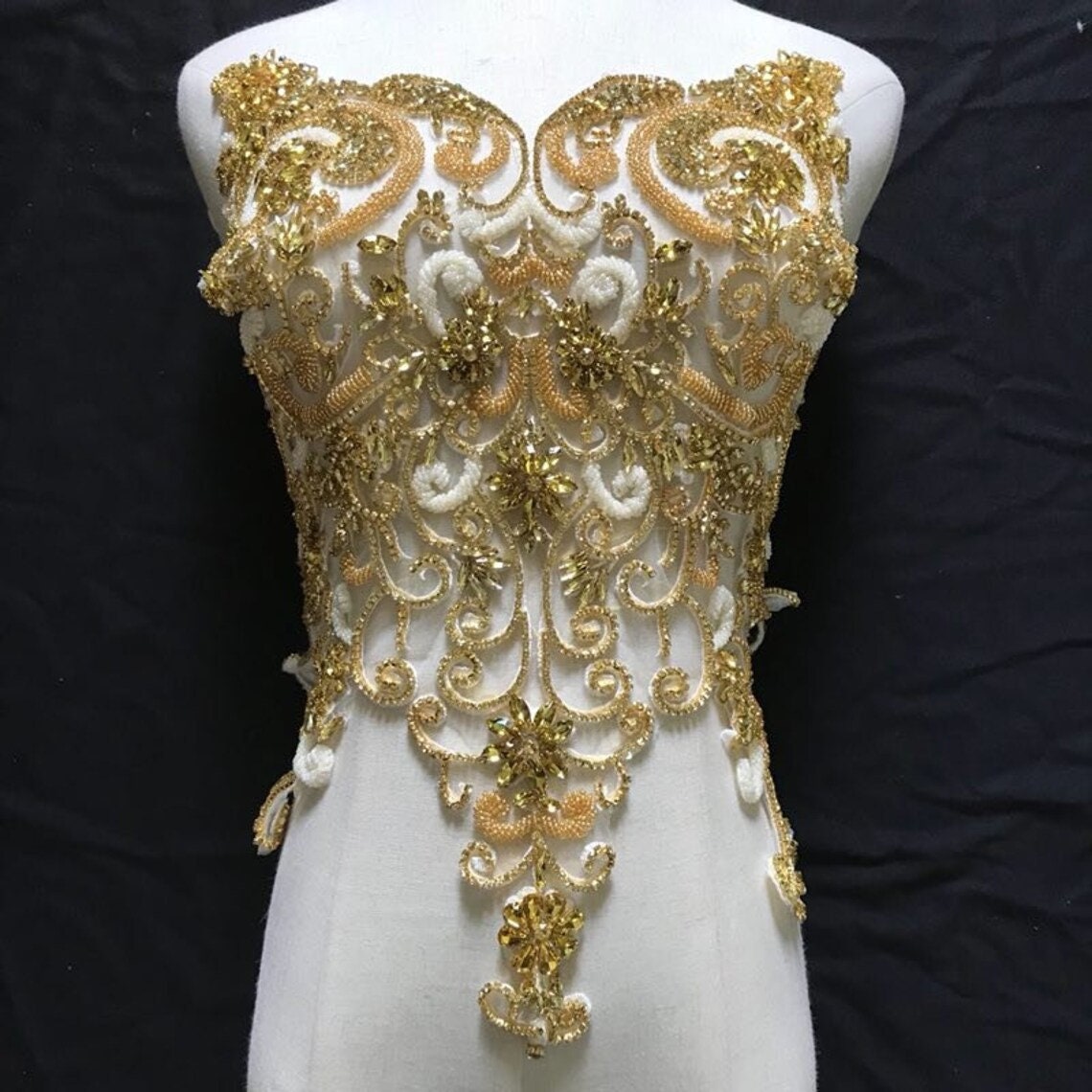 Large Bodice Elegant Rhinestone Flower Lace Applique Heavy Crystal ...