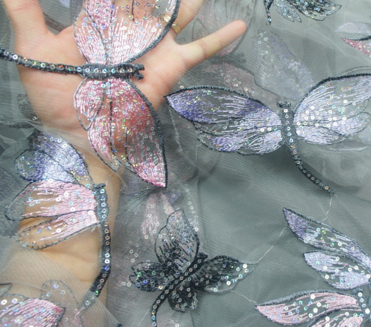 Sequin Lace Fabric Dragonfly Embroidery Lace Mesh Lace Fabric Unique ...