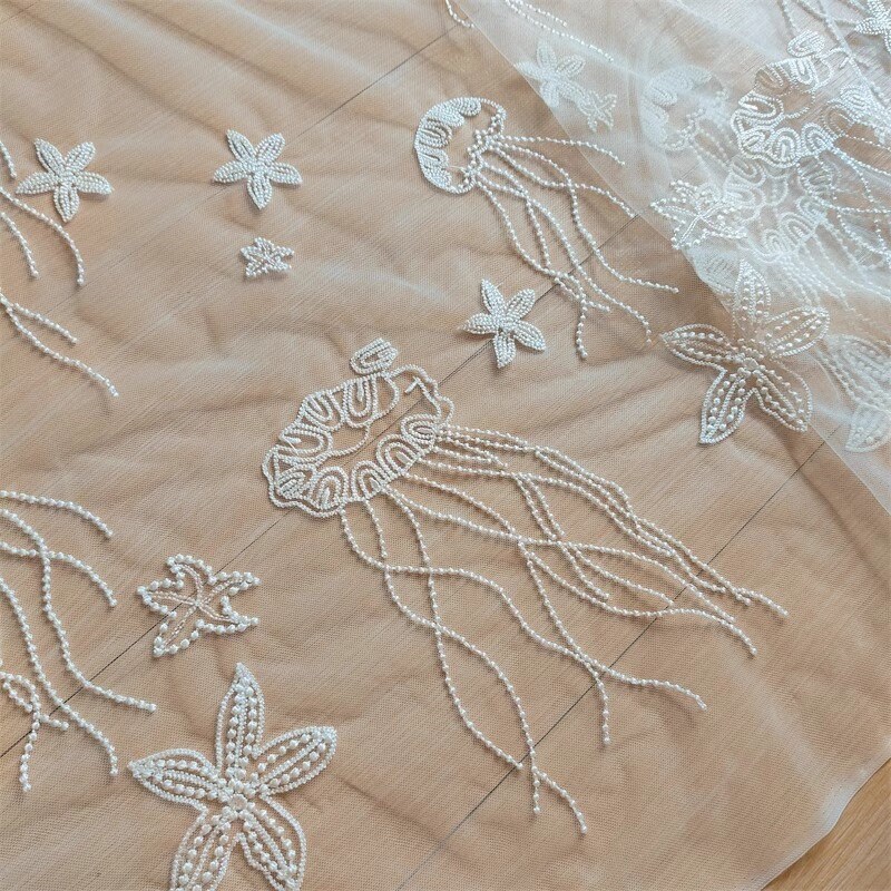 Beaded Jellyfish Embroidery Lace Fabric Ivory Starfish Jellyfish Lace ...