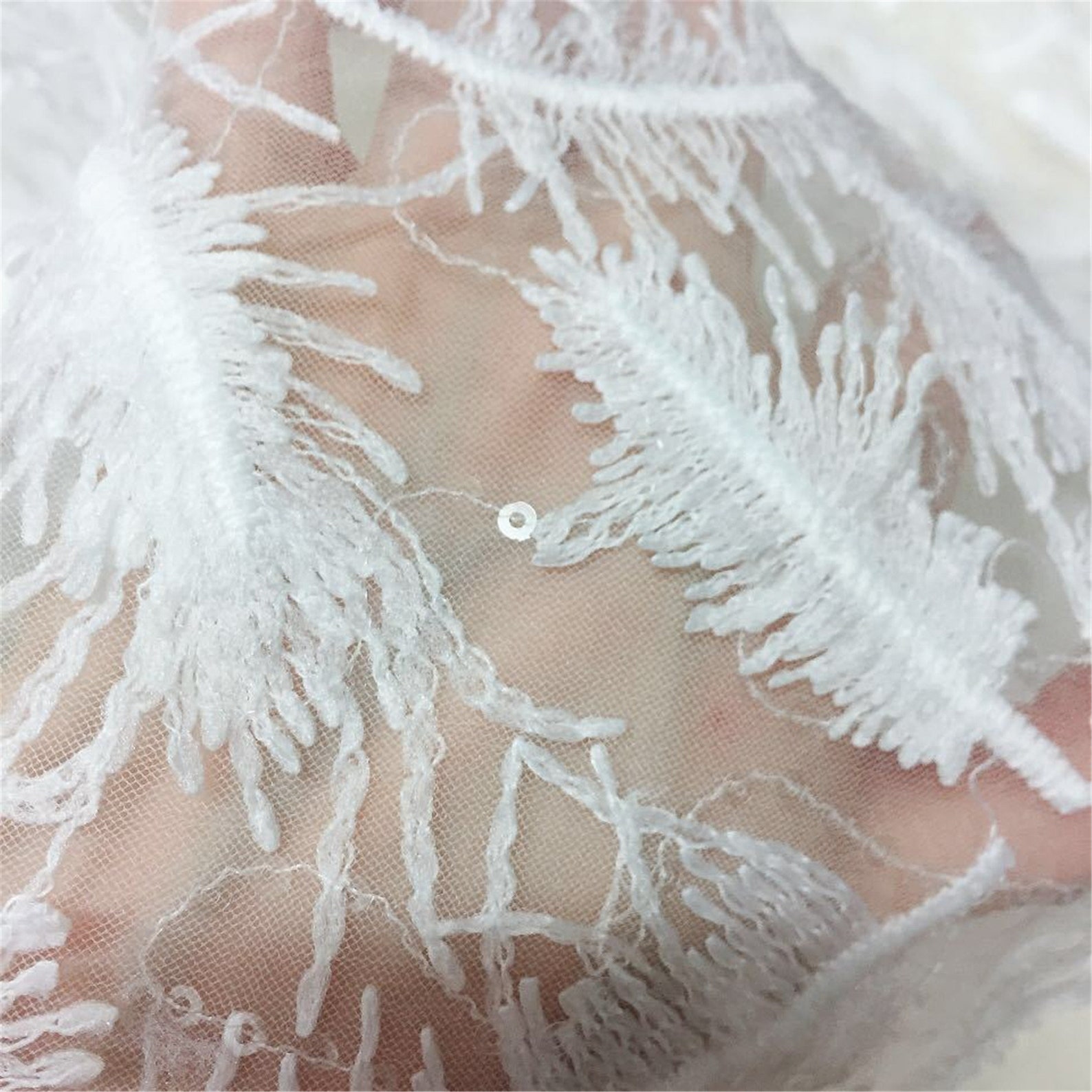Off White Elegant Embroidery Feather Lace Fabric for Wedding | Etsy