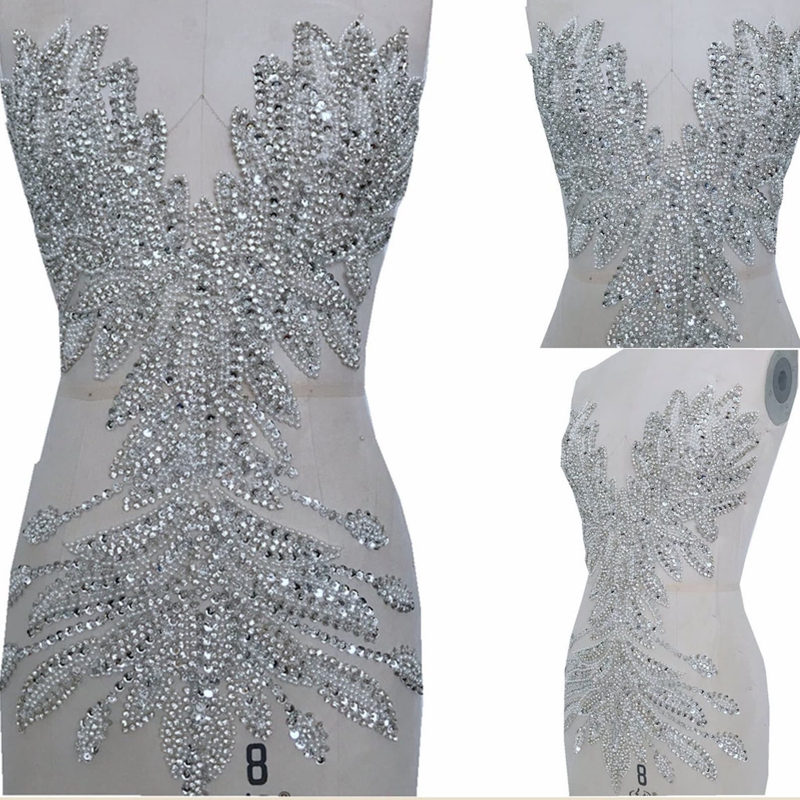 Large Piece Full Body Silver Rhinestone Applique Bodice Beaded Vintage ...