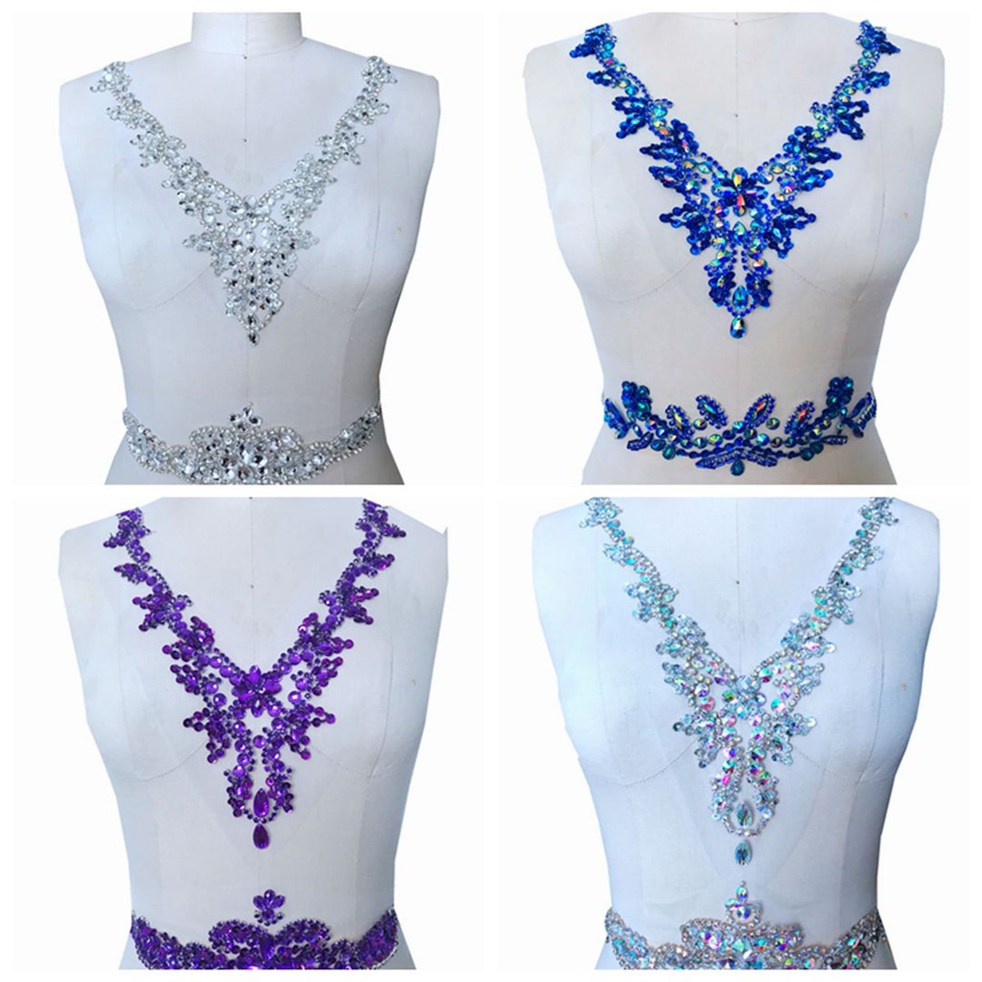 Sparkling V-neck Applique Rhinestone Neckline Trims Belt Beaded Sequins ...
