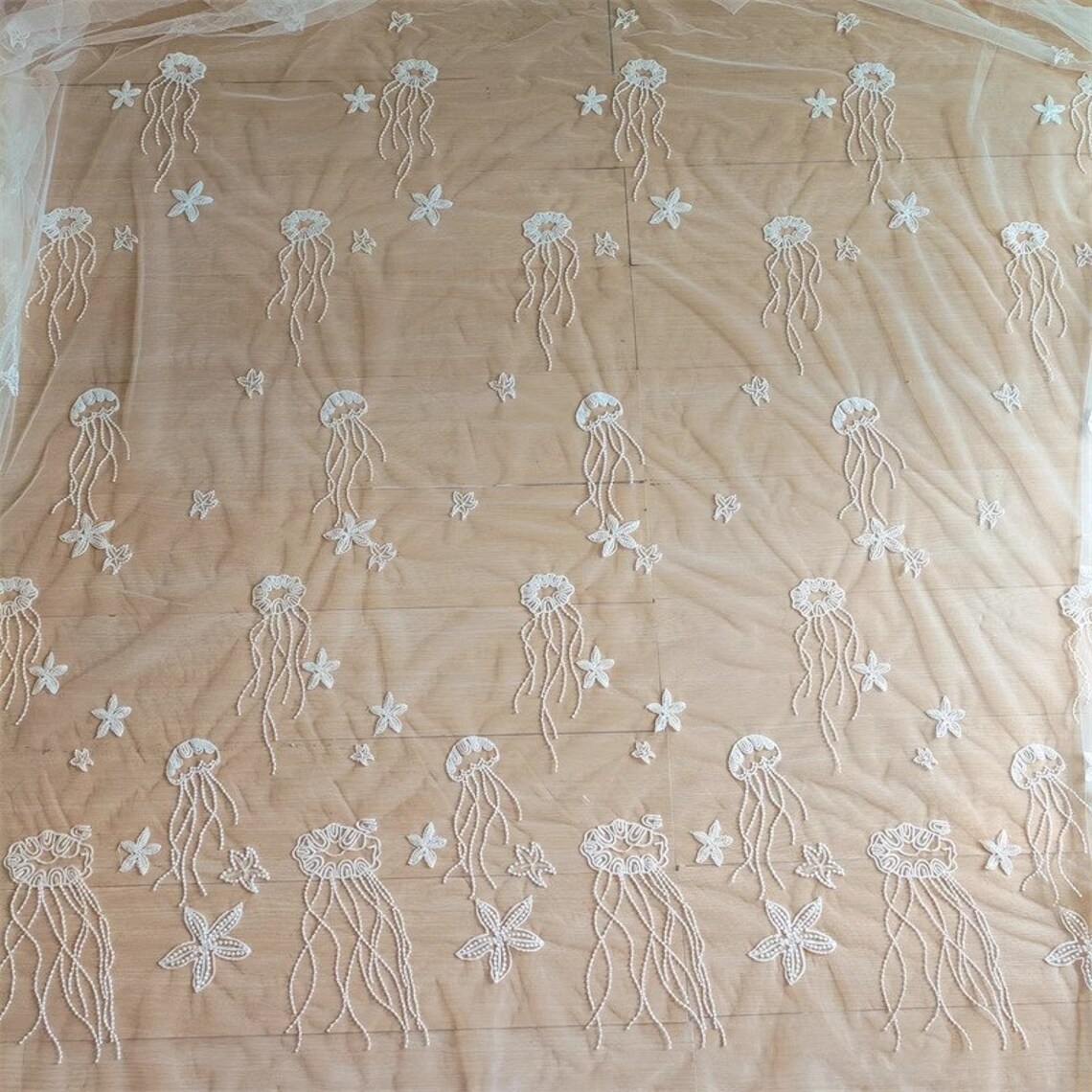 Beaded Jellyfish Embroidery Lace Fabric Ivory Starfish Jellyfish Lace ...