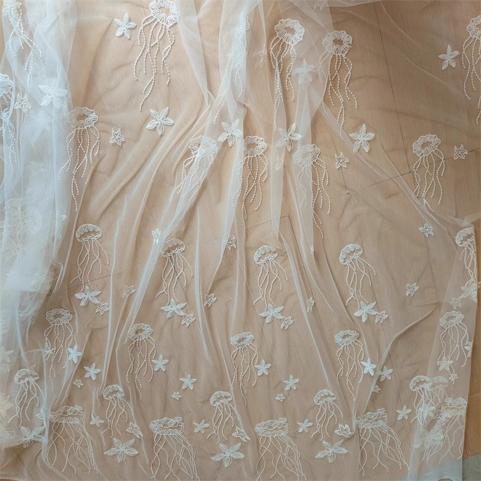 Beaded Jellyfish Embroidery Lace Fabric Ivory Starfish Jellyfish Lace ...