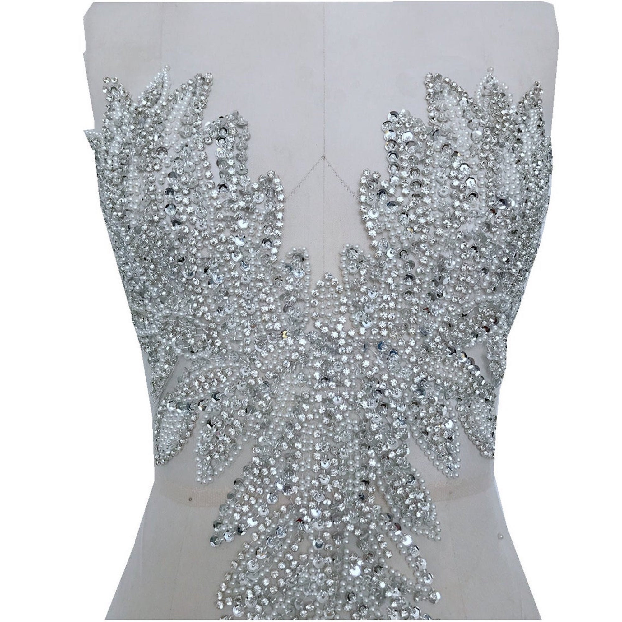 Large Piece Full Body Silver Rhinestone Applique Bodice Beaded Vintage ...