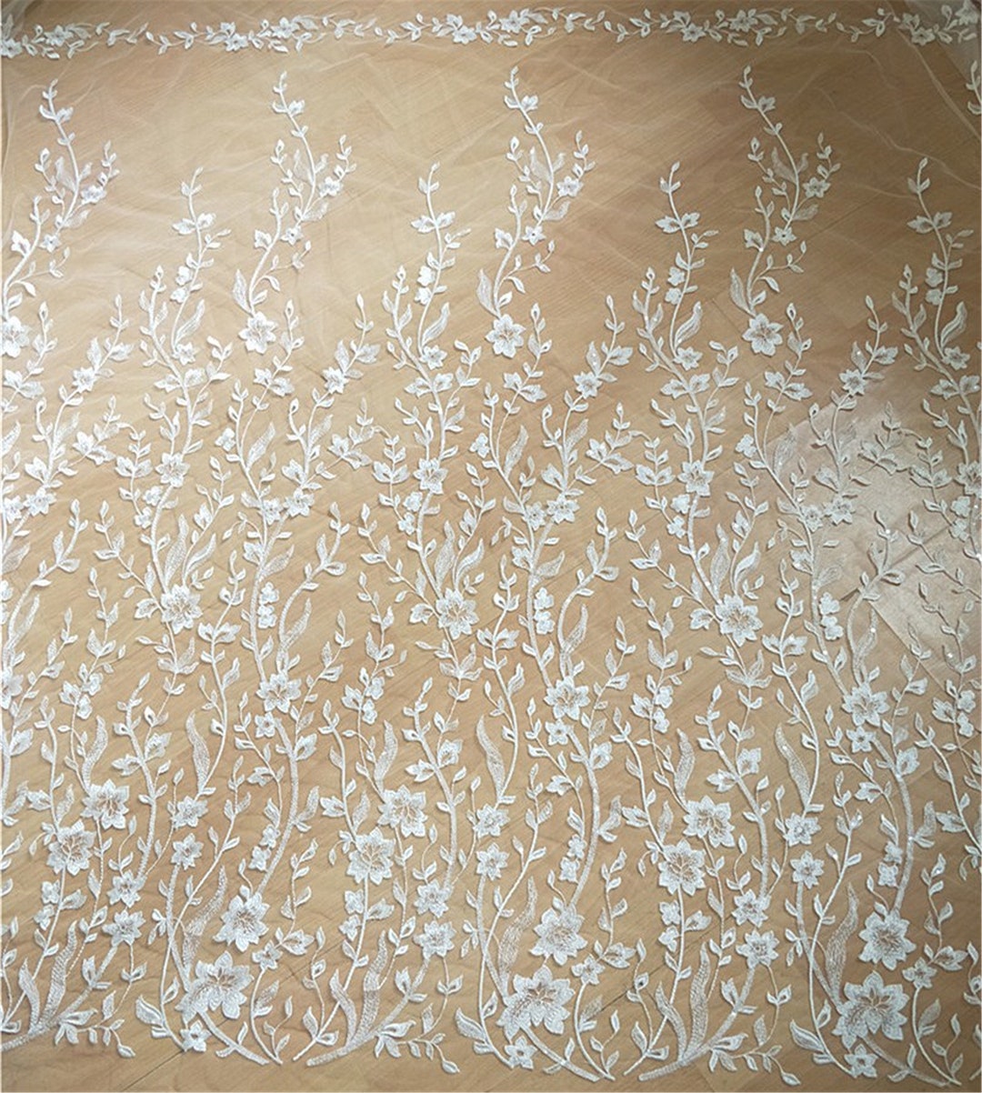 Off-white Leaf Embroidery Floral Vines Lace Fabric by Yard Sequined ...