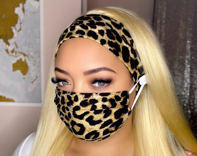 Leopard Headband With Buttons and Matching Mask Reusable Washable Face ...
