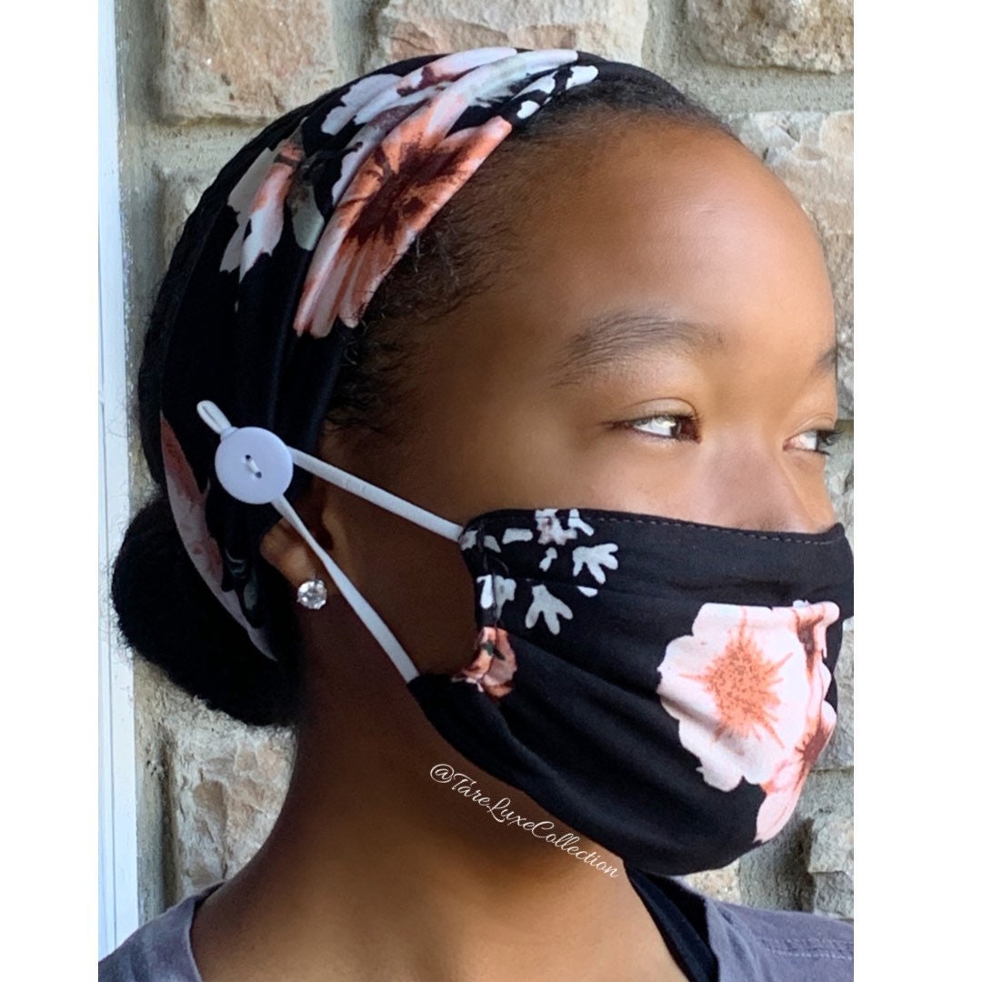 NEW Headband With Buttons and Matching Mask Blue Floral | Etsy