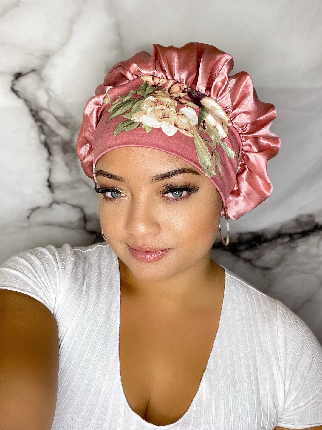 Satin Bonnet Pink & Green Floral Bonnet Headband Bonnet Soft, Satin ...