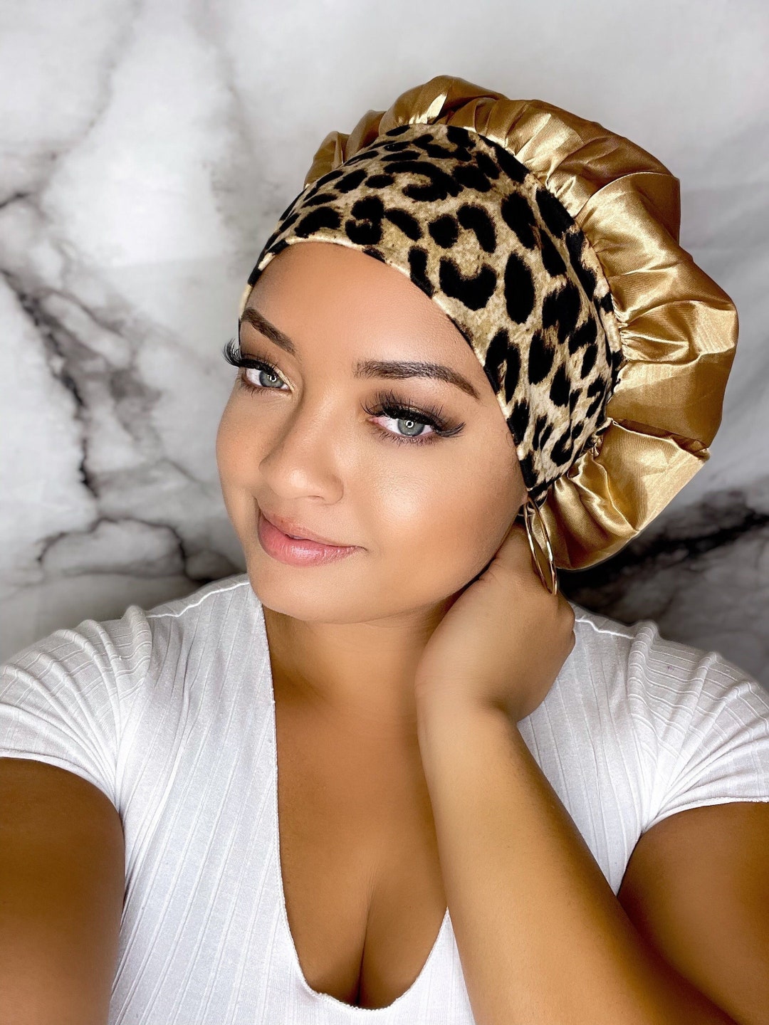 Satin Bonnet Leopard Brown Gold Bonnet Headband Bonnet Soft, Satin ...