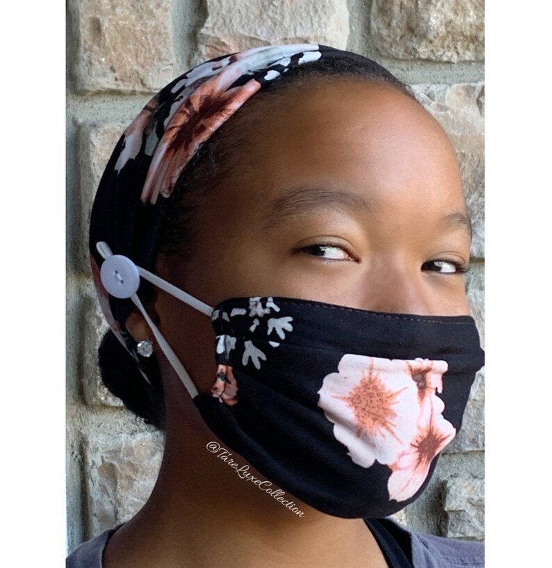 Headband With Buttons and Matching Mask Black/pink Floral - Etsy