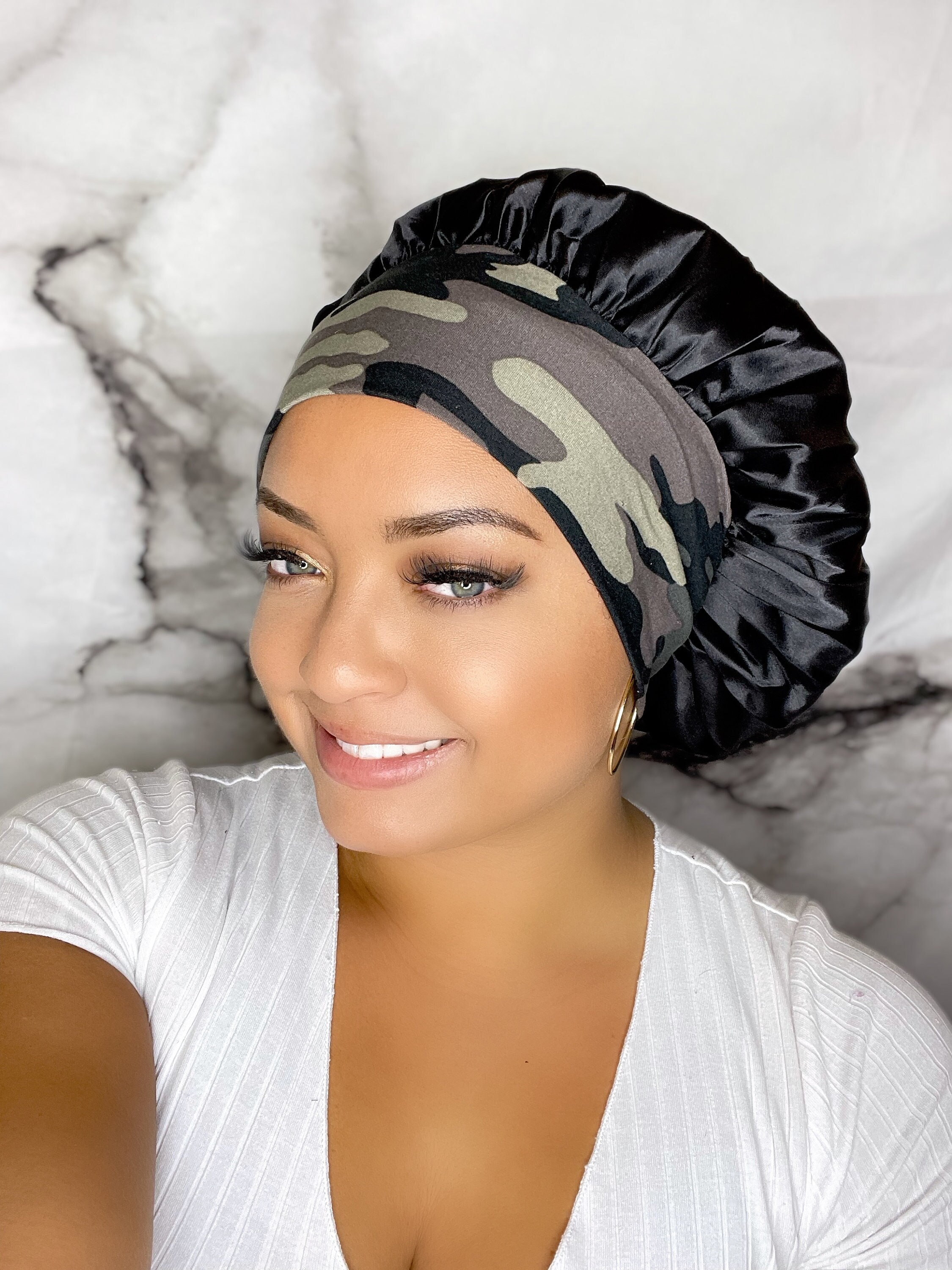 Satin Bonnet Green Camouflage Black Bonnet Headband Bonnet - Etsy