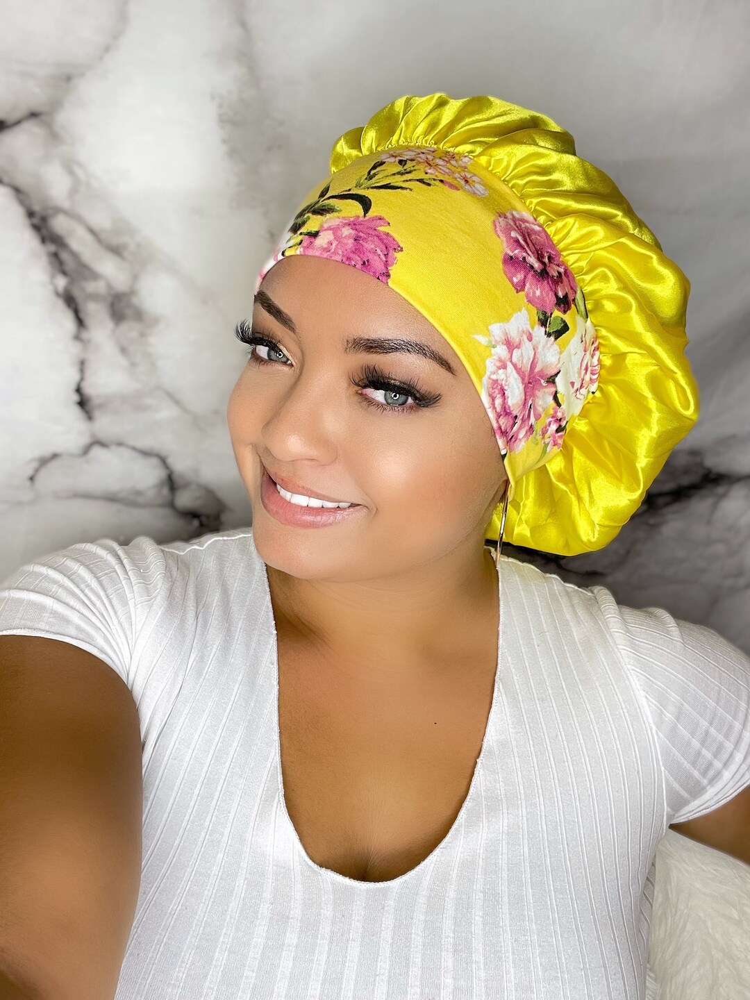Satin Bonnet Yellow & Pink Floral Bonnet Headband Bonnet Soft, Satin ...
