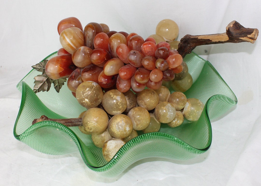Polished Stone Grapes Three Bunches in a Green Glass Bowl - Etsy