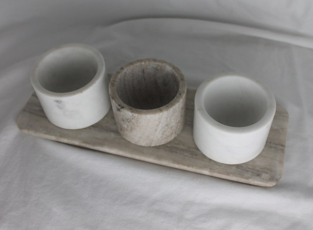 Marble Condiment Set With Stand, Vintage White Natural Marble Salt ...