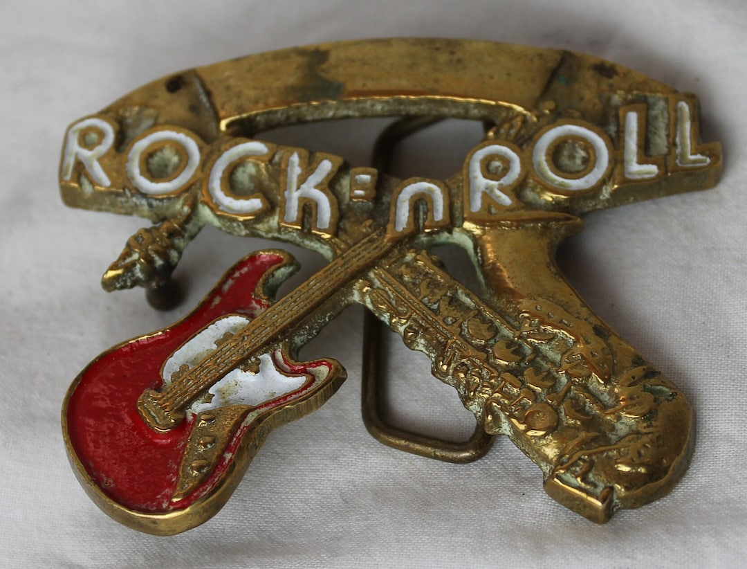 Rock and Roll Belt Buckle, Vintage Solid Brass Buckle With Crossed ...