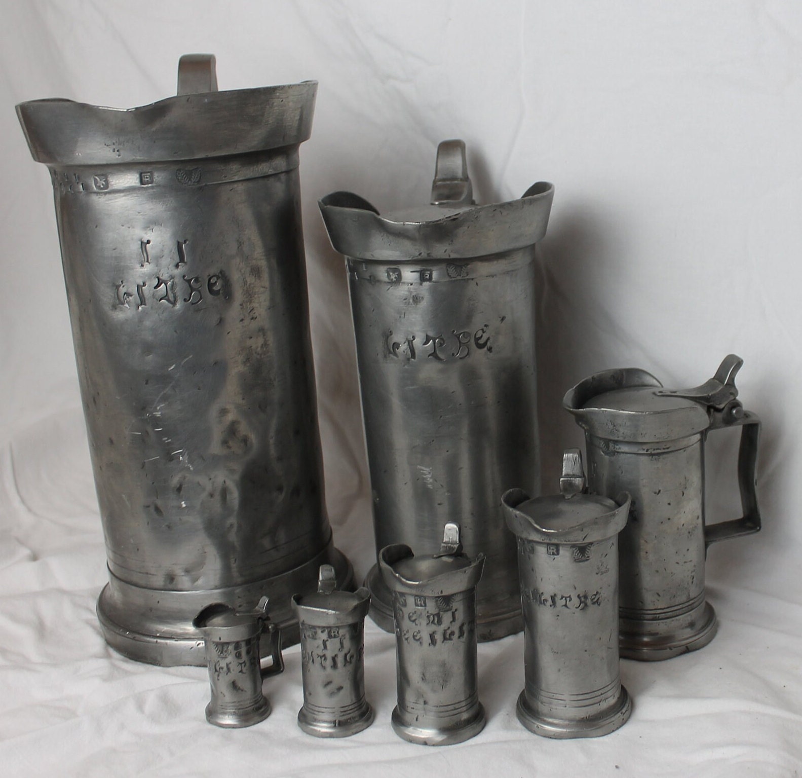 Seven Pewter Tankards Antique French Drink Measures 1870s Decorative ...