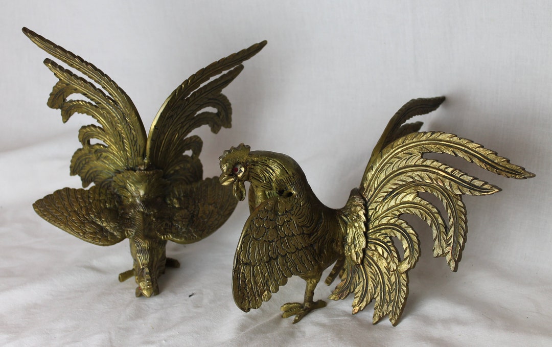 Vintage Brass Cockerel Statues: Fighting Rooster Decor With Crystal ...