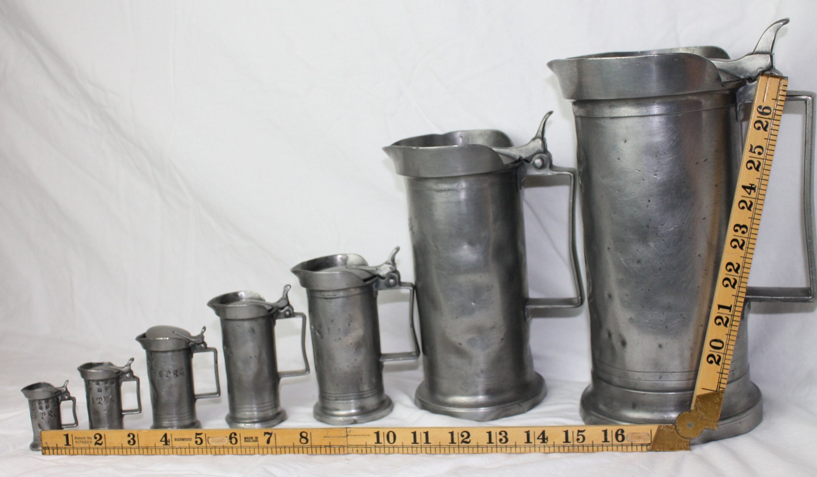 Seven Pewter Tankards Antique French Drink Measures 1870s Decorative ...