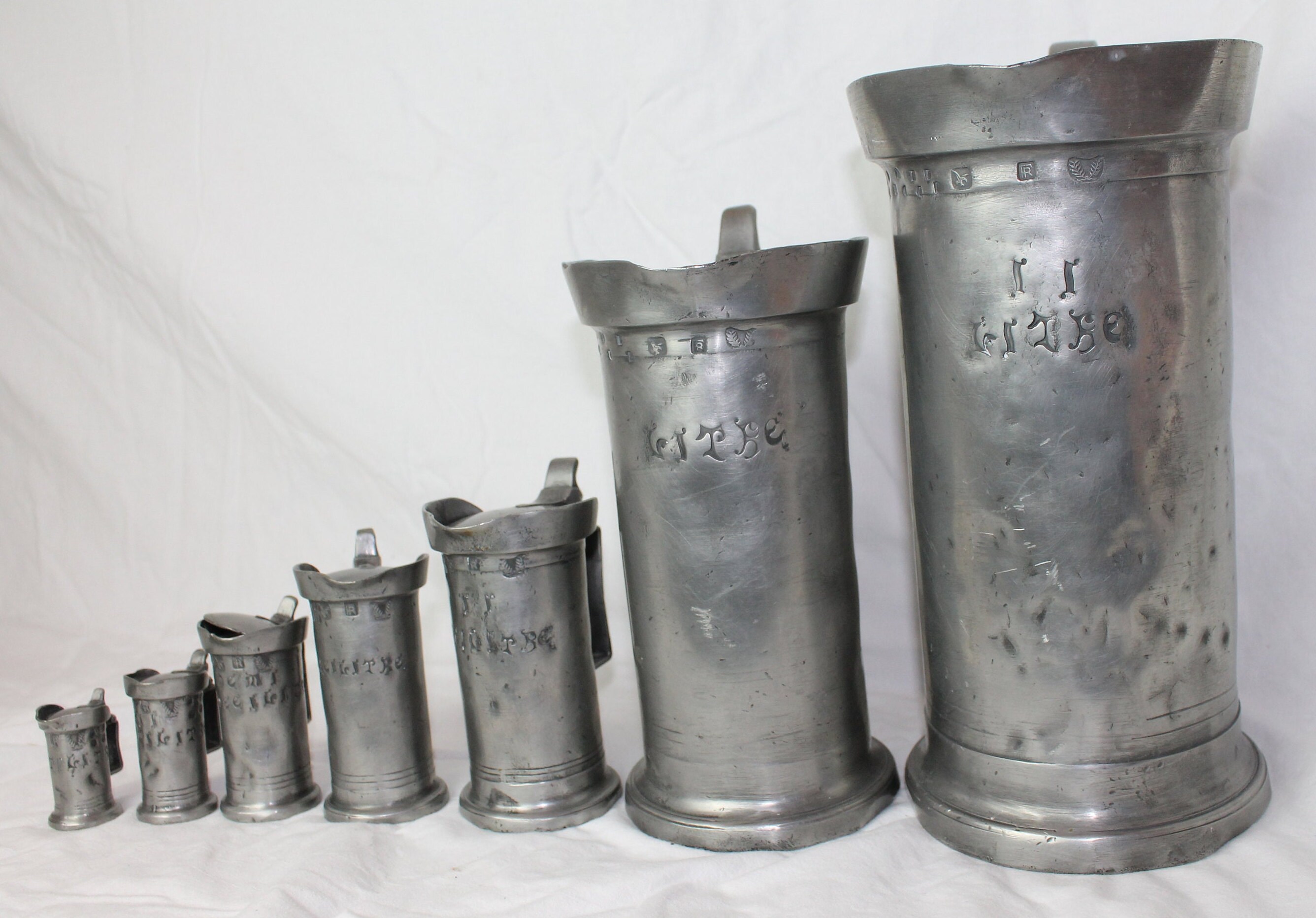 Seven Pewter Tankards Antique French Drink Measures 1870s Decorative ...