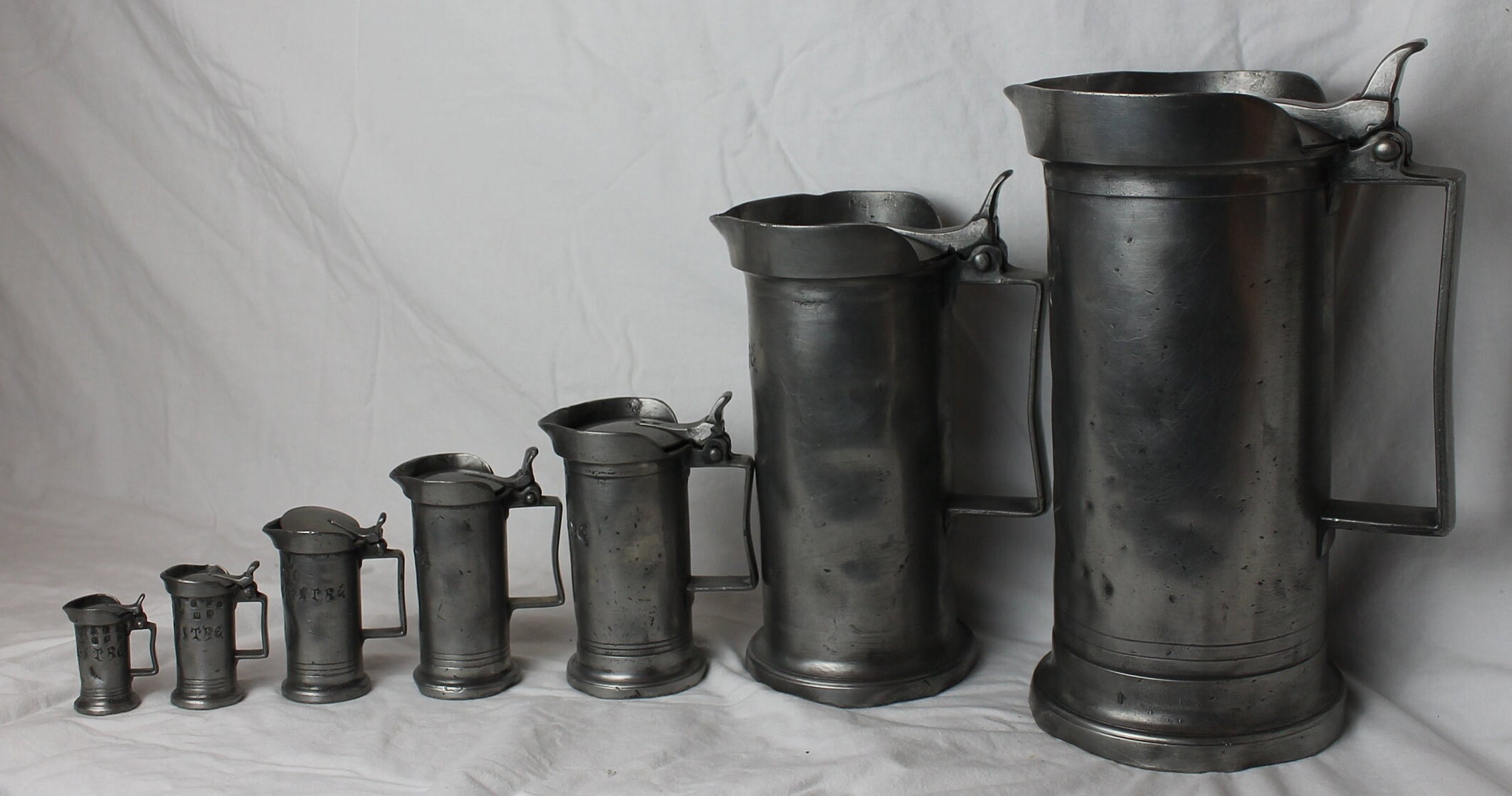 Seven Pewter Tankards Antique French Drink Measures 1870s Decorative ...