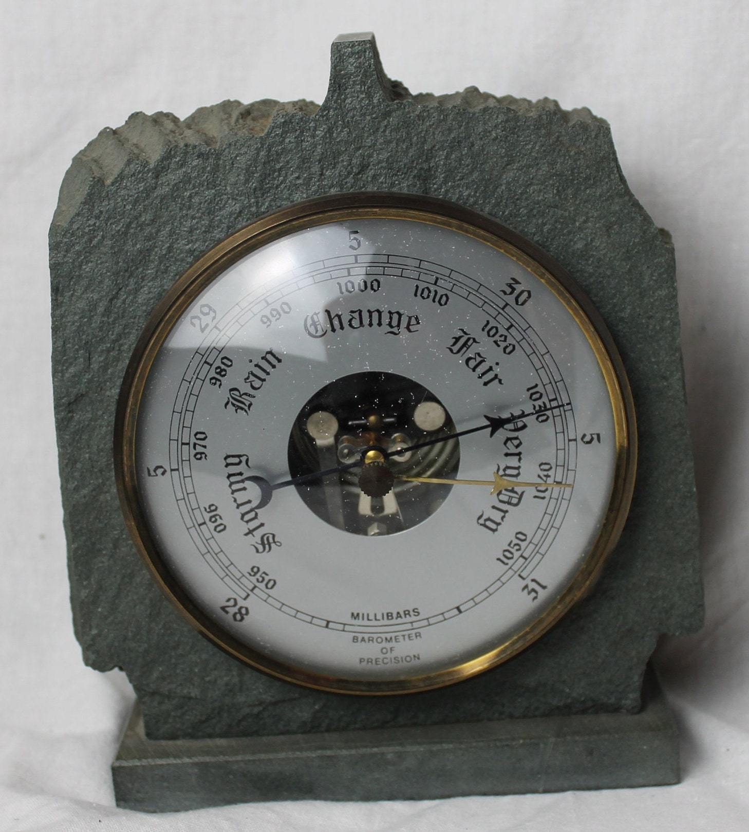 Barometer Set in a Piece of Heavy Slate Rock Circular Vintage Aneroid ...