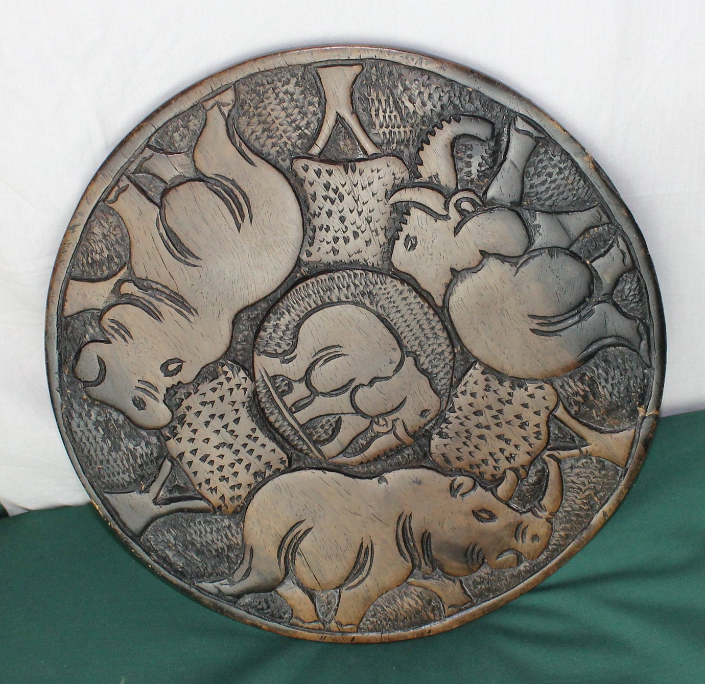 African Carved Wooden Disc a Picture of People Elephants a - Etsy
