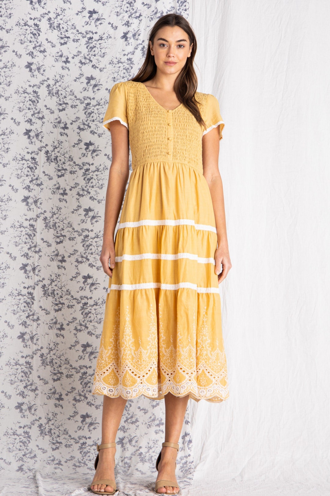 Cotton Dress in Yellow, Midi Dress, Tiered Floral Embroidery Lace ...