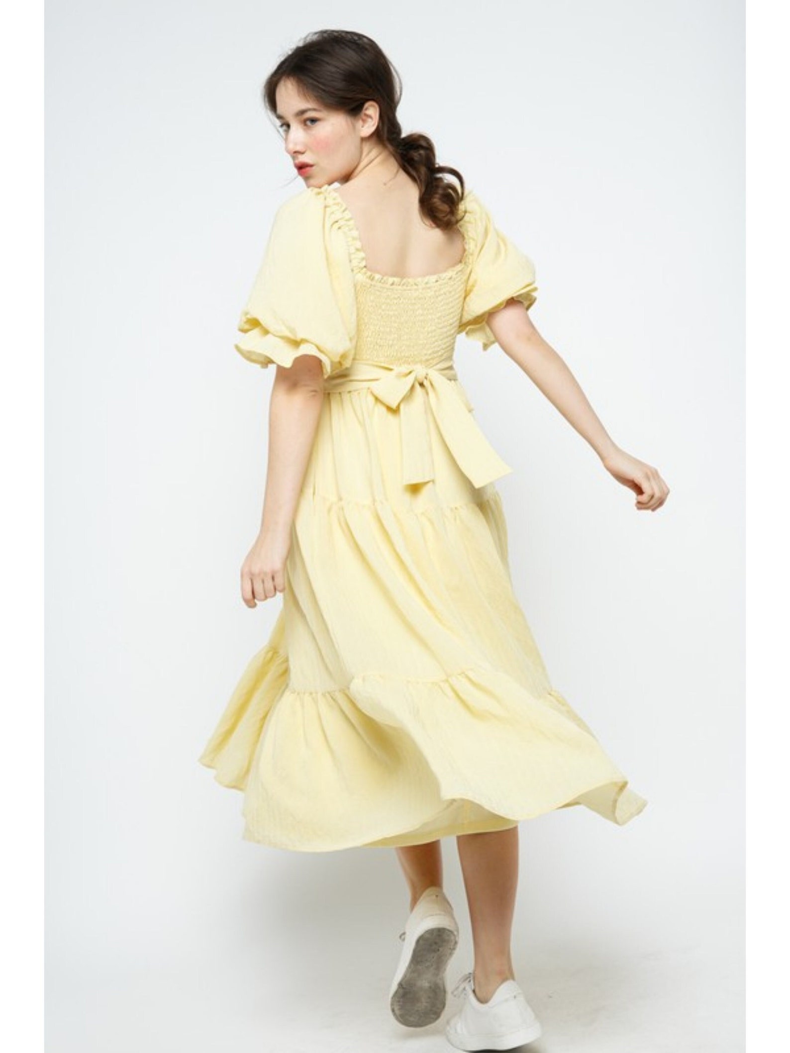 Light Yellow Autumn Dress, Puff Sleeve Dress, Square Neck Dress ...