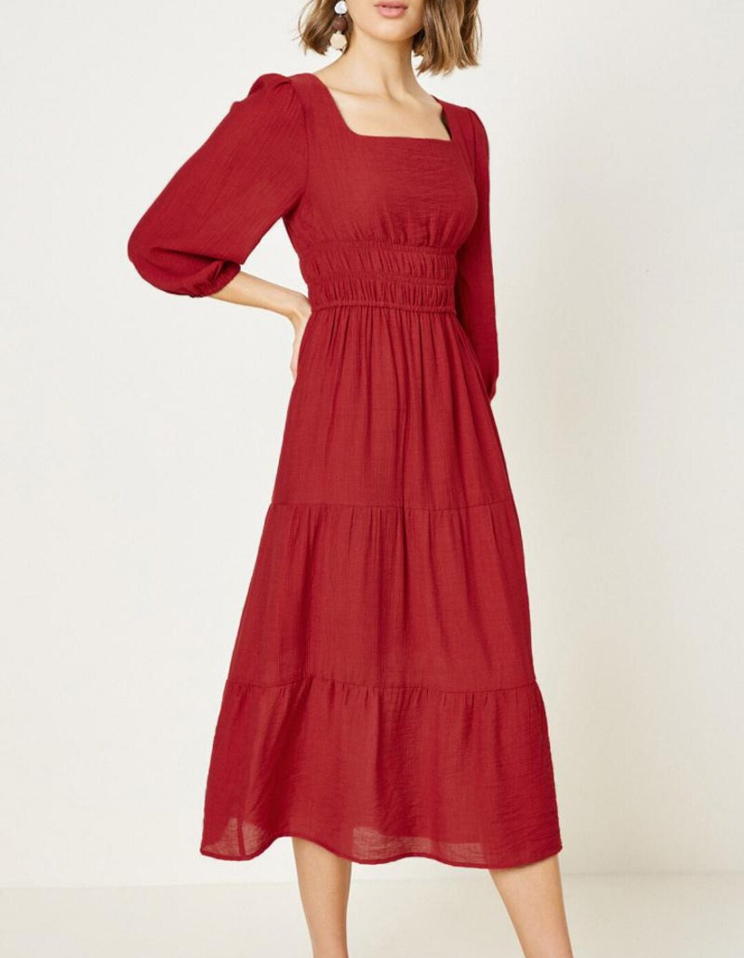 Autumn Midi Dress in Dark Red Romantic Dress Perfect Fall Cozy Season ...