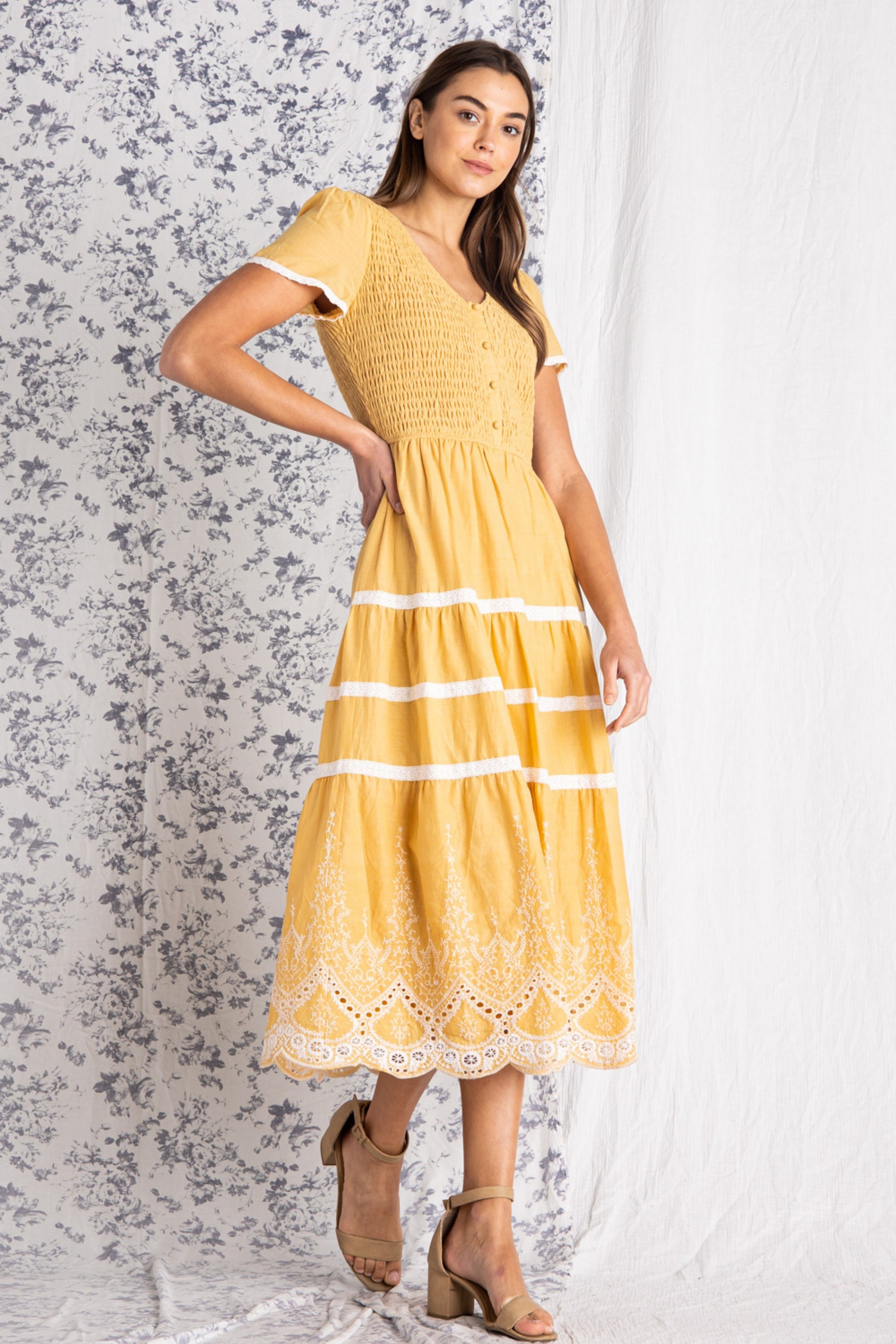 Cotton Dress in Yellow, Midi Dress, Tiered Floral Embroidery Lace ...