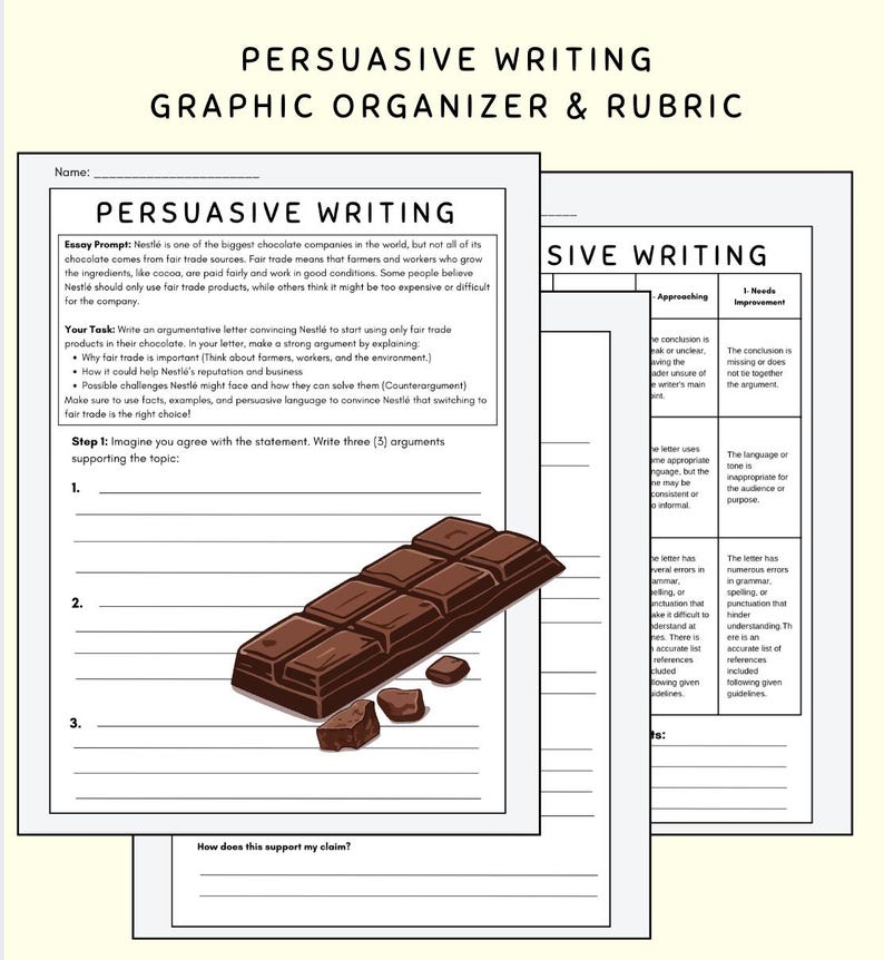 Persuasive Letter Writing Graphic Organizer & Rubric | Chocolate Themed ...