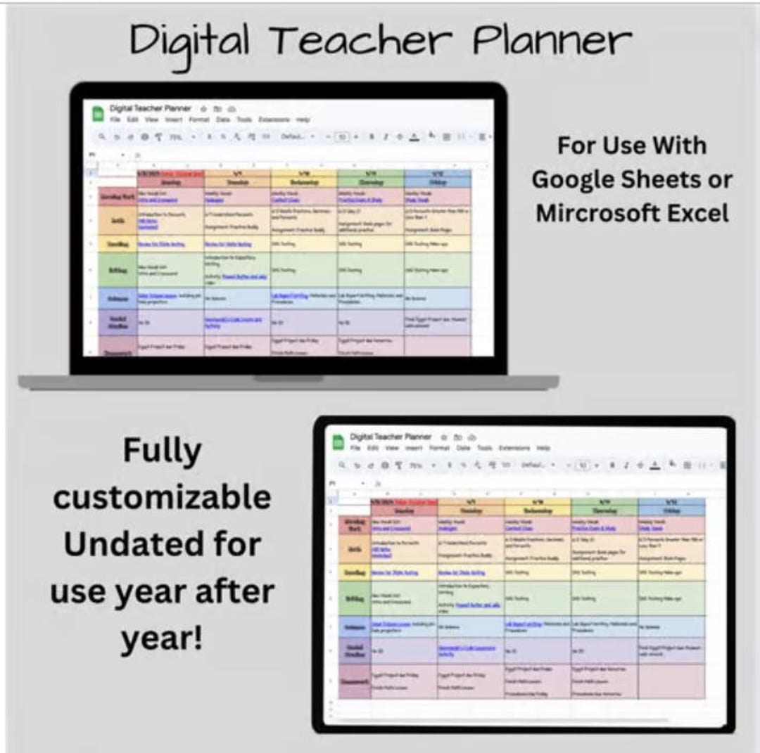 Digital Teacher Planner -microsoft Excel, Google Sheets, Apple Numbers ...