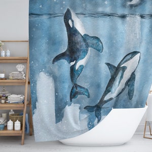 Orcas Killer Whales Shower Curtains, Orca Bath Curtain, Whale Bathroom ...